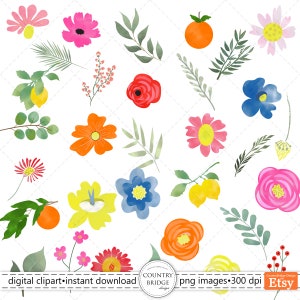 Bright Flower Clip Art, Watercolor Flowers and Leaves Clipart, Blue ...