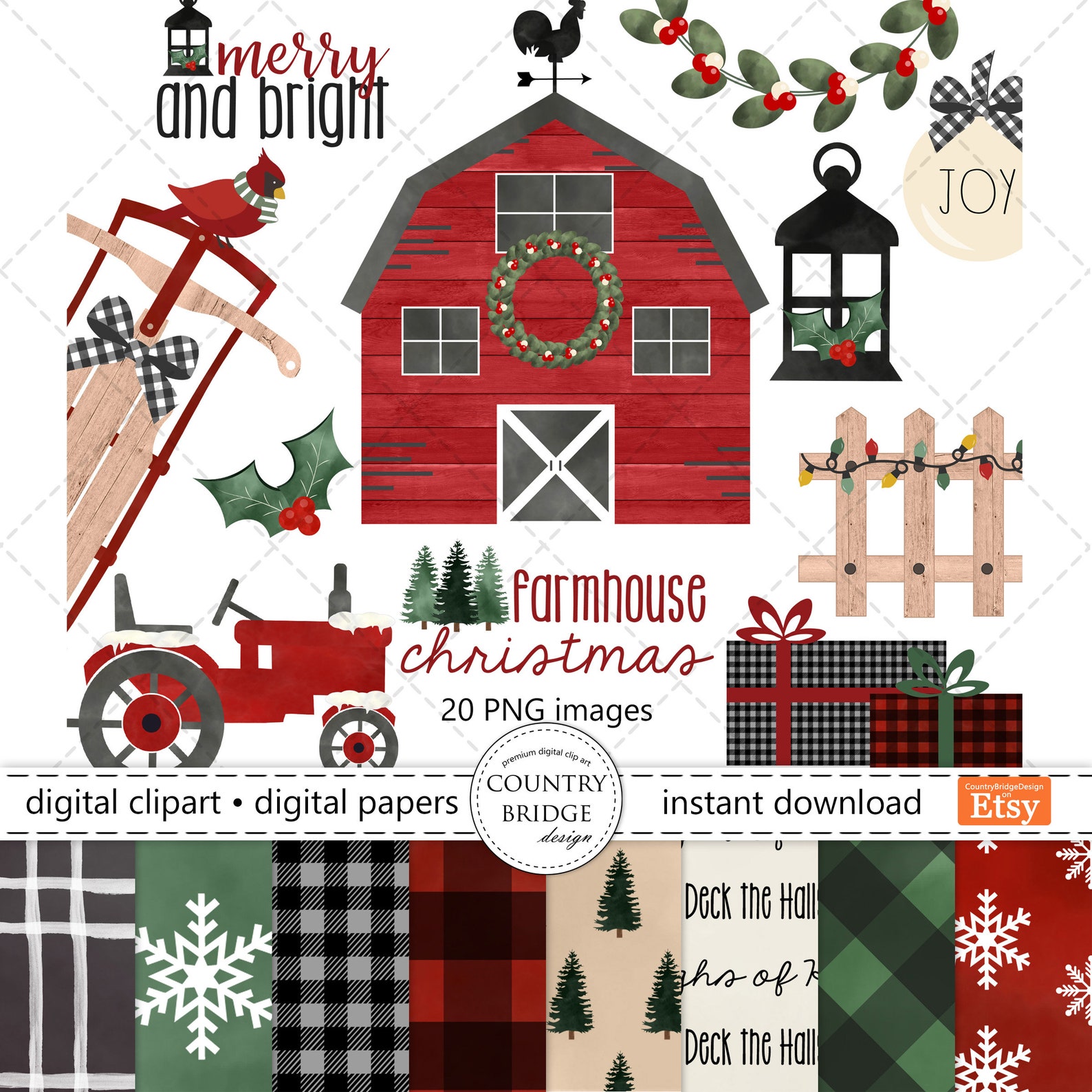 Watercolor Farmhouse Christmas Clipart & Digital Paper Bundle | Etsy