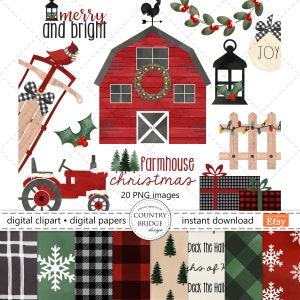 Watercolor Farmhouse Christmas Clipart & Digital Paper Bundle ...
