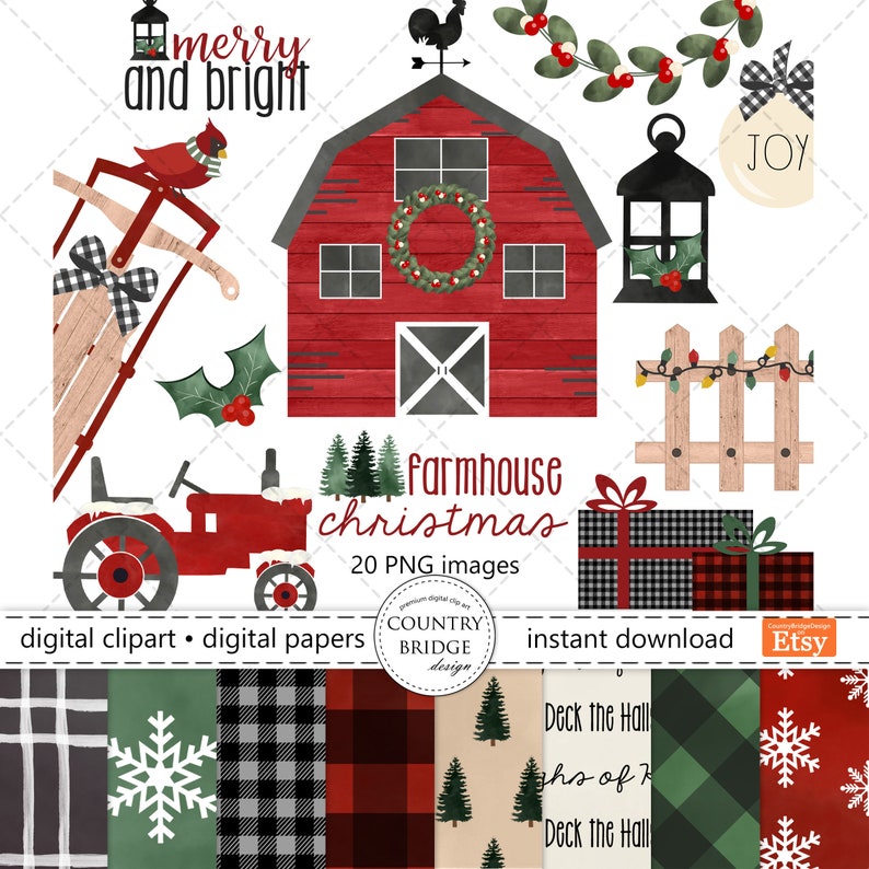 Watercolor Farmhouse Christmas Clipart & Digital Paper Bundle | Etsy