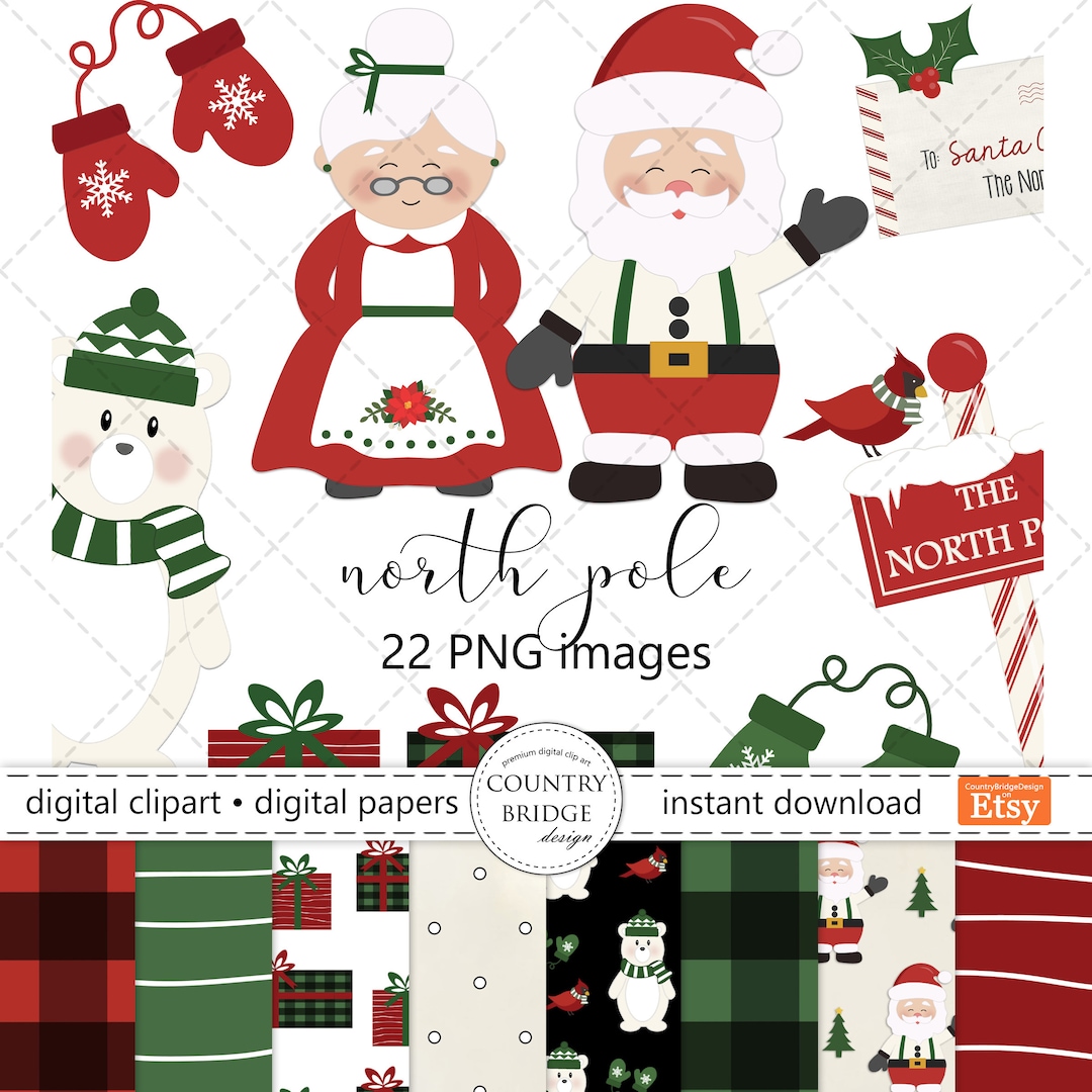 Christmas North Pole Clipart & Digital Paper Bundle, Santa Clipart, Mrs ...