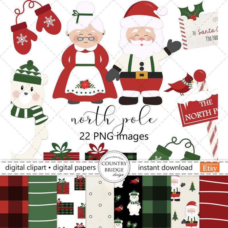 Christmas North Pole Clipart & Digital Paper Bundle Santa - Etsy