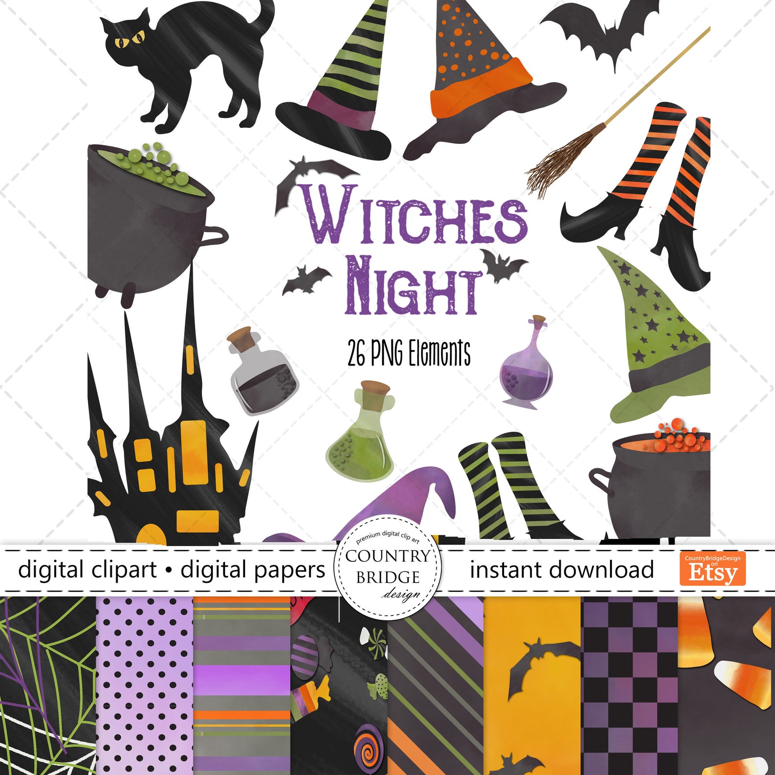 Halloween Clip Art and Digital Paper Bundle Halloween Witch | Etsy