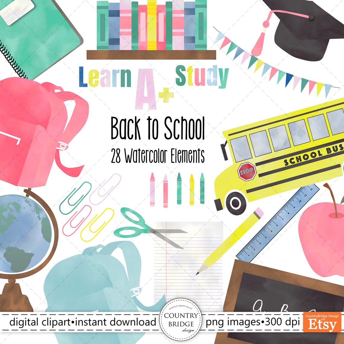 Watercolor Back to School Pastel Clipart School Clipart | Etsy
