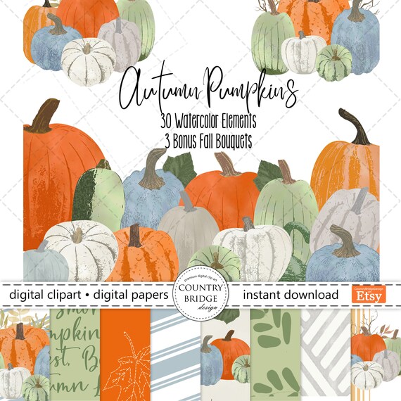 Pumpkin Clip Art Fall Clipart and Paper Bundle Autumn | Etsy