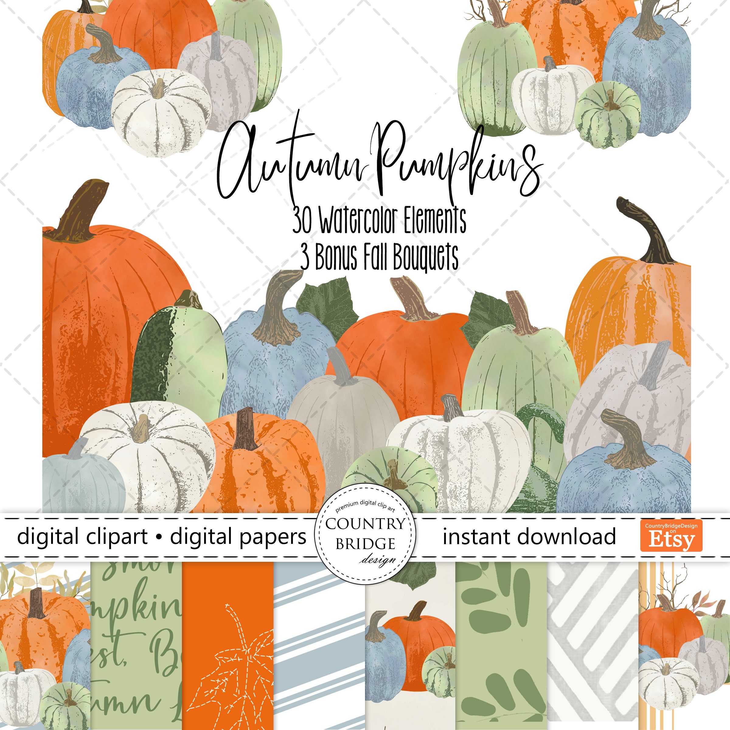 Pumpkin Clip Art Fall Clipart and Paper Bundle Autumn | Etsy