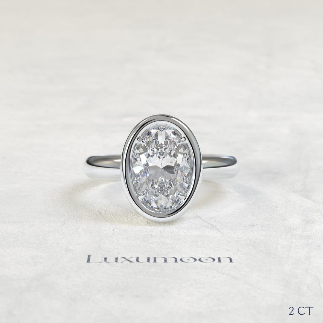 2 Carat Oval Lab Grown Diamond Bezel Set Flush Fit 3MM Band Engagement ...