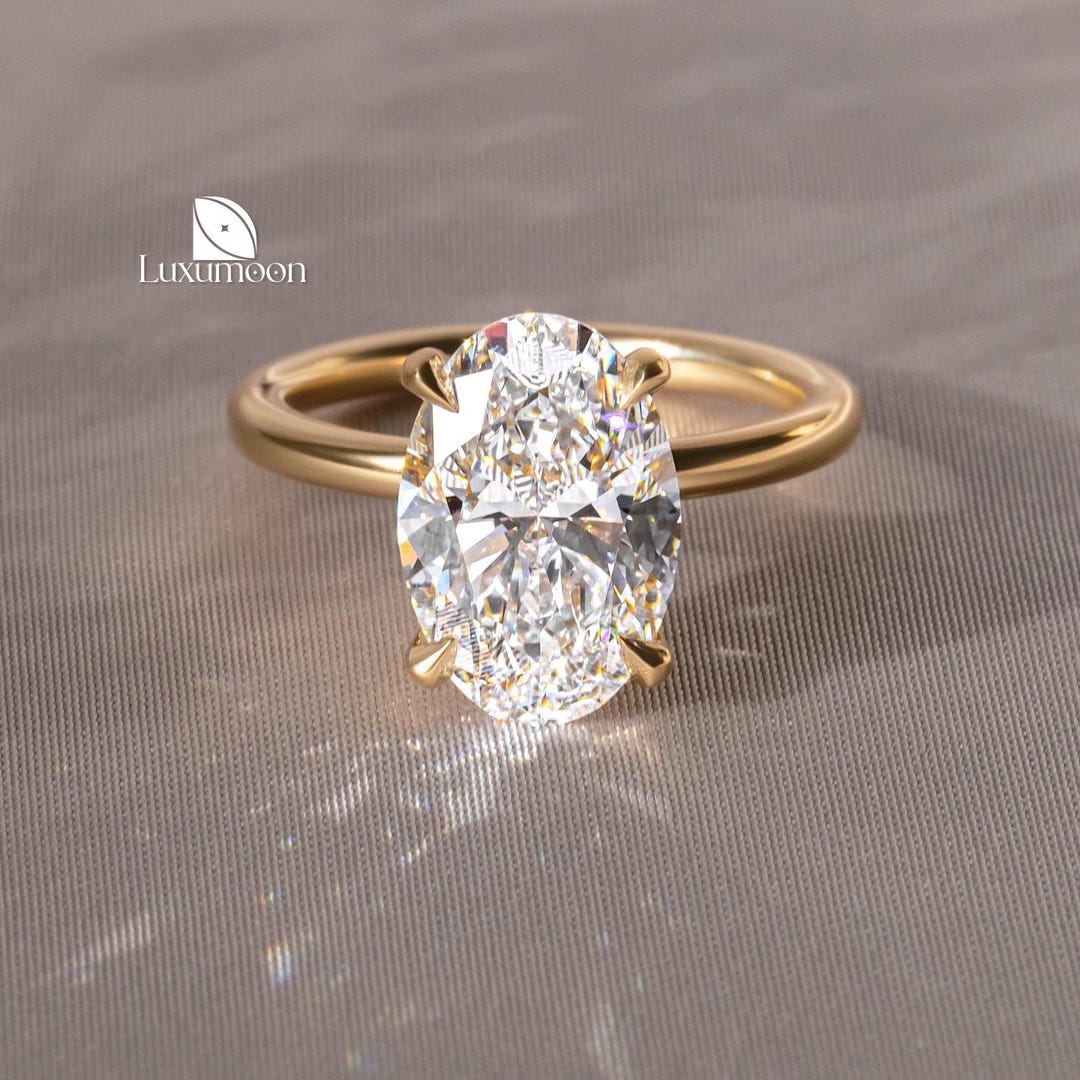 Oval Lab Grown Diamond Engagement Ring, Hidden Halo, Solid Gold - Etsy