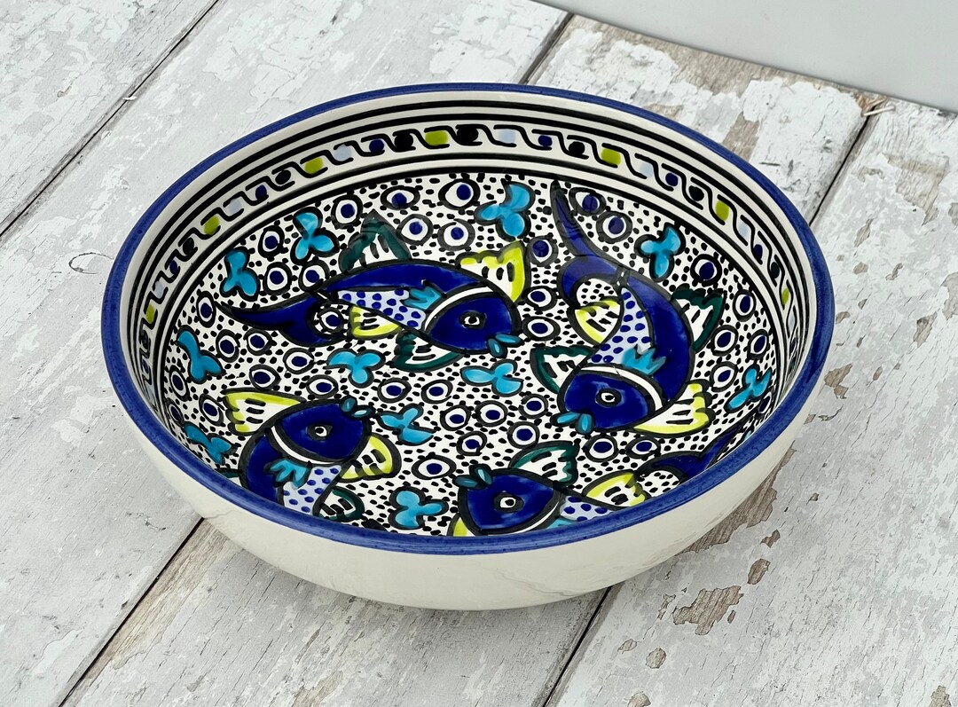 Dark Blue Fish Patterned Bowl 20cm - Etsy UK