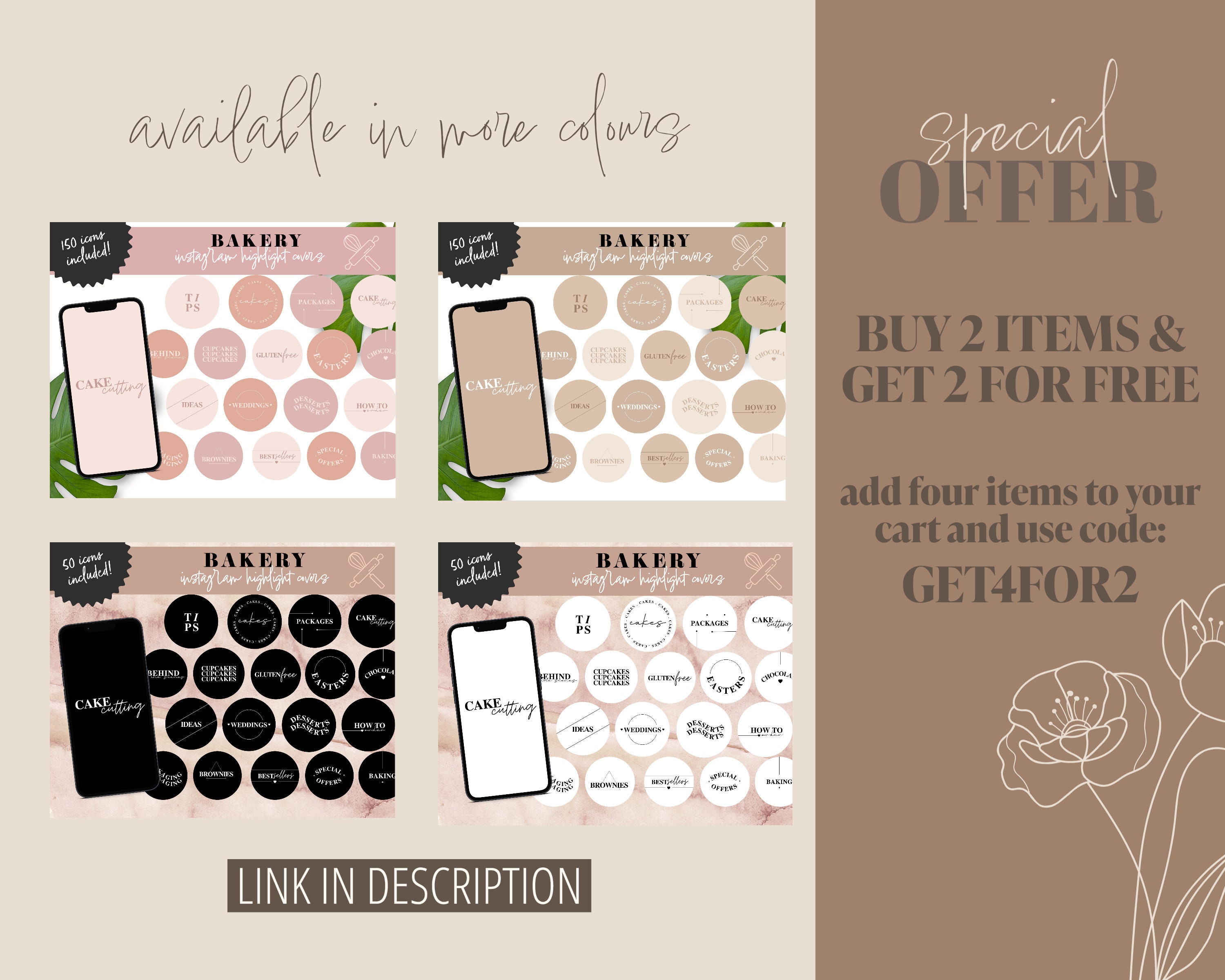 Bakery Instagram Highlight Covers With Letters, Brown Baking Templates ...