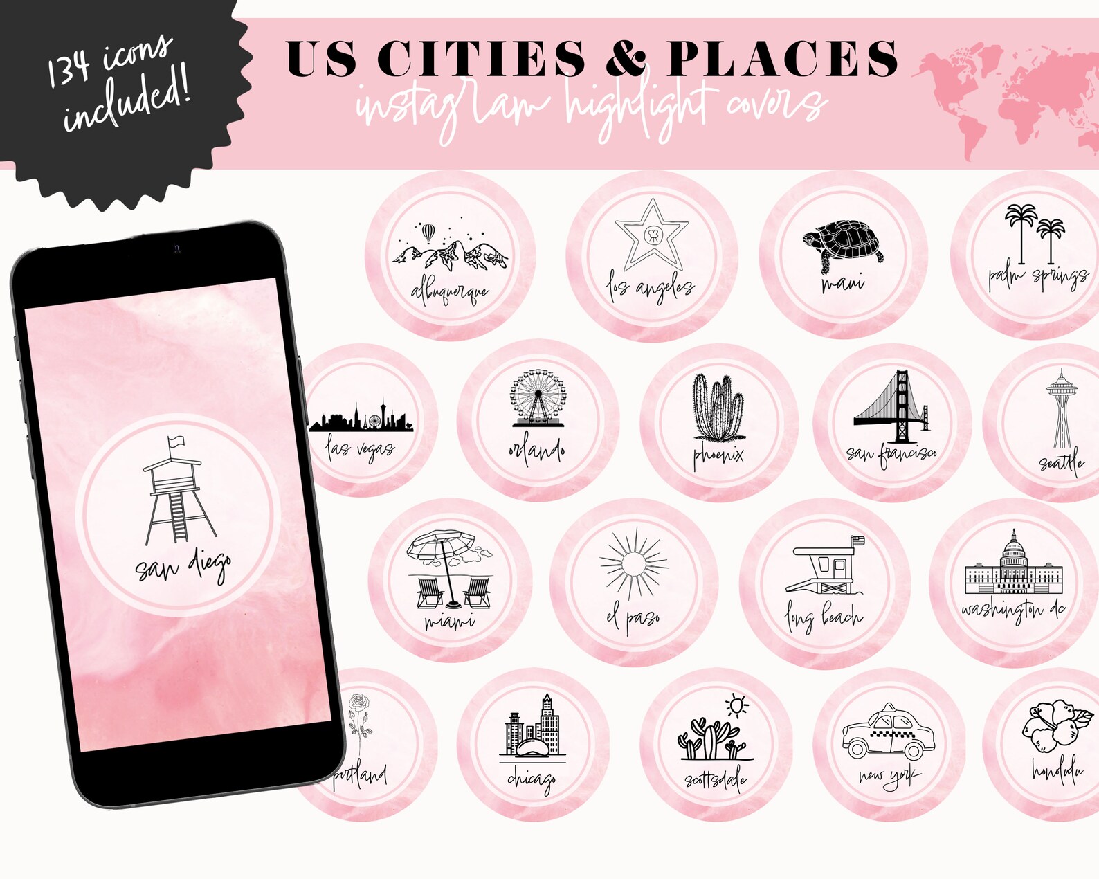 Travel Instagram Highlight Covers Popular US Cities & - Etsy