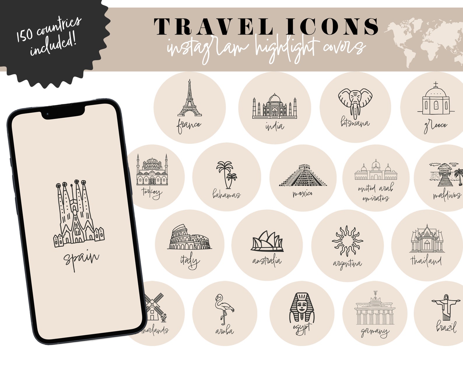 Travel Instagram Highlight Covers, Country Instagram Story Icons ...