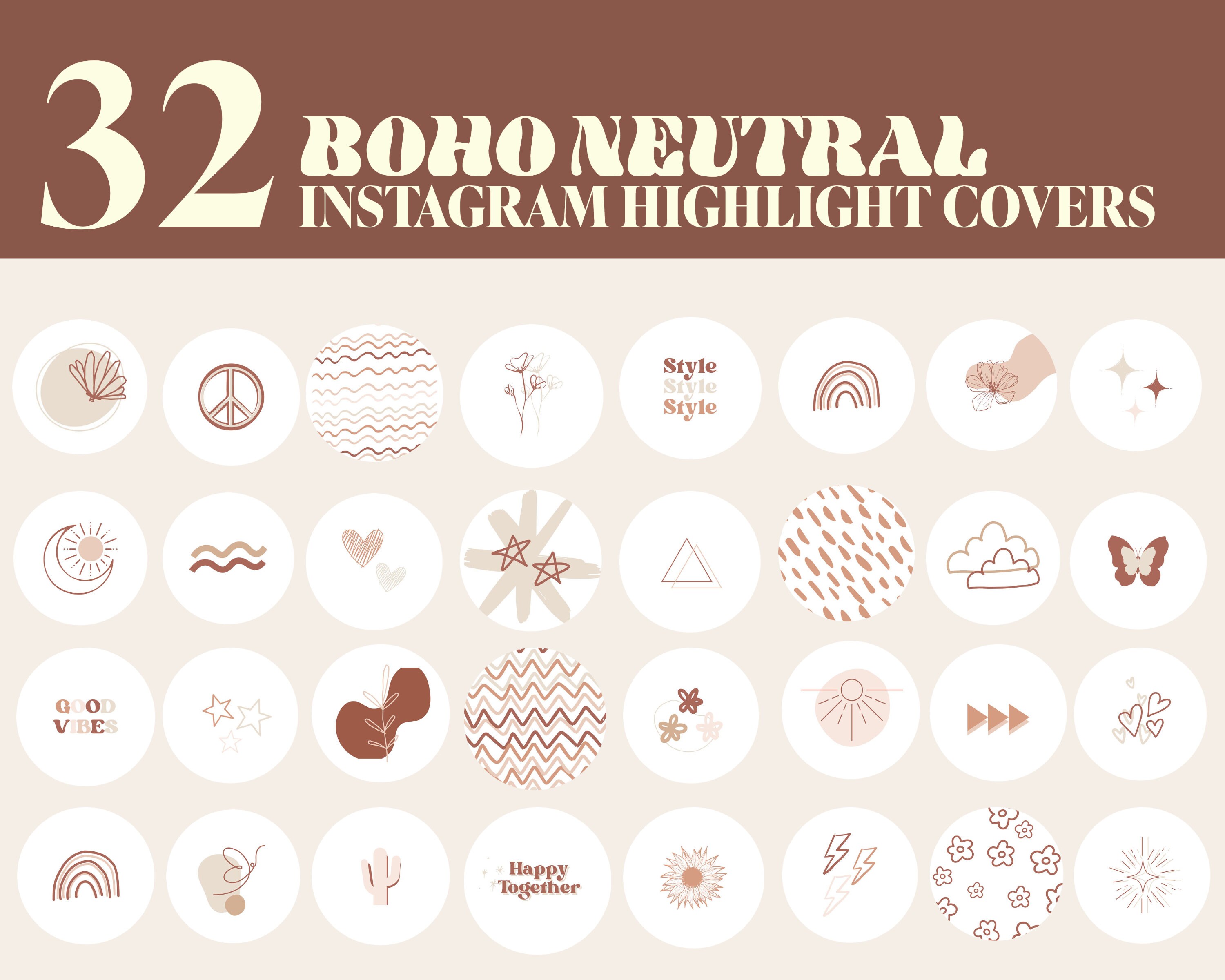 Boho Neutral Instagram Highlight Covers, 80s Natural Groovy Story Icons ...