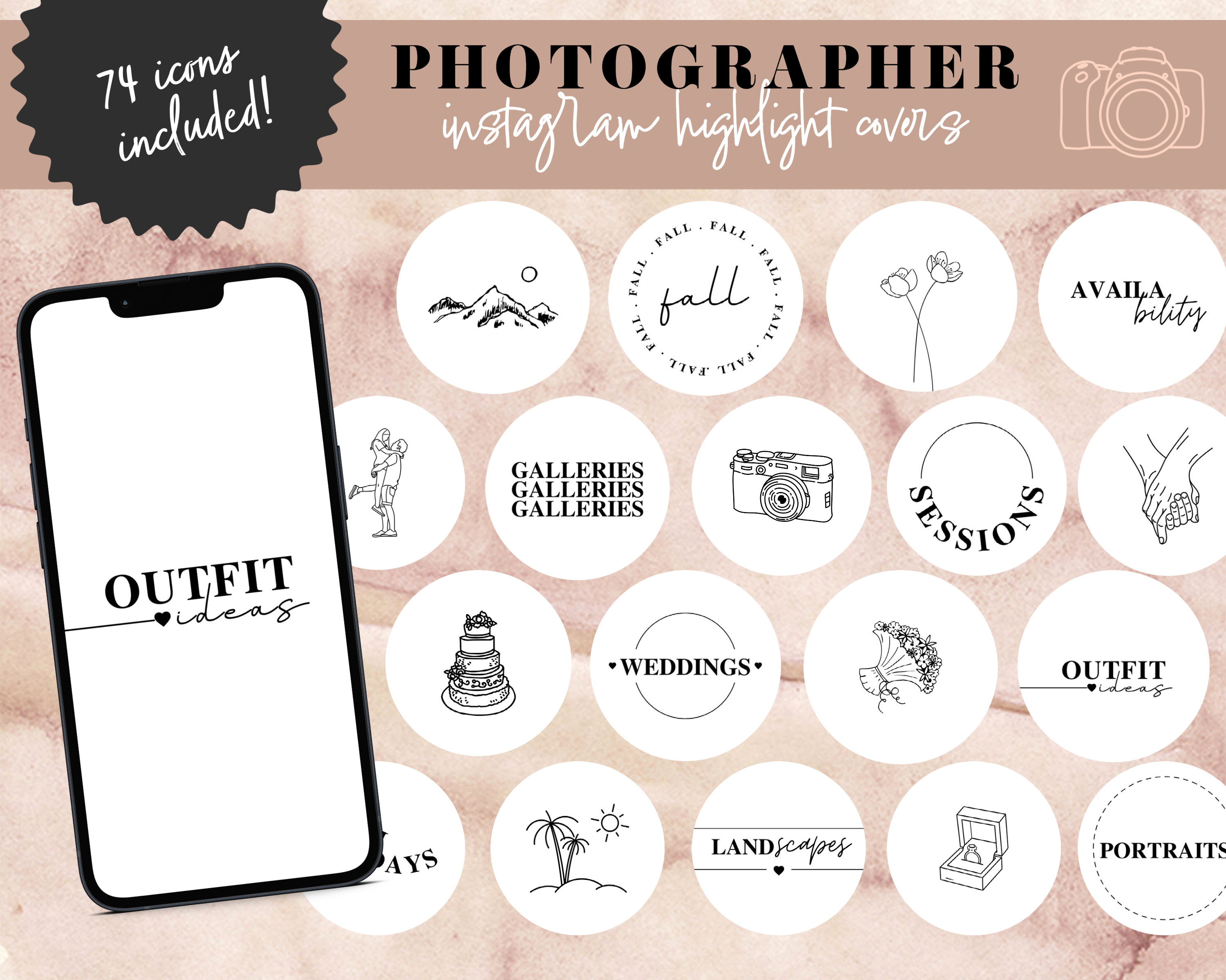 Photographer Instagram Highlight Covers, White Line Art Editable ...