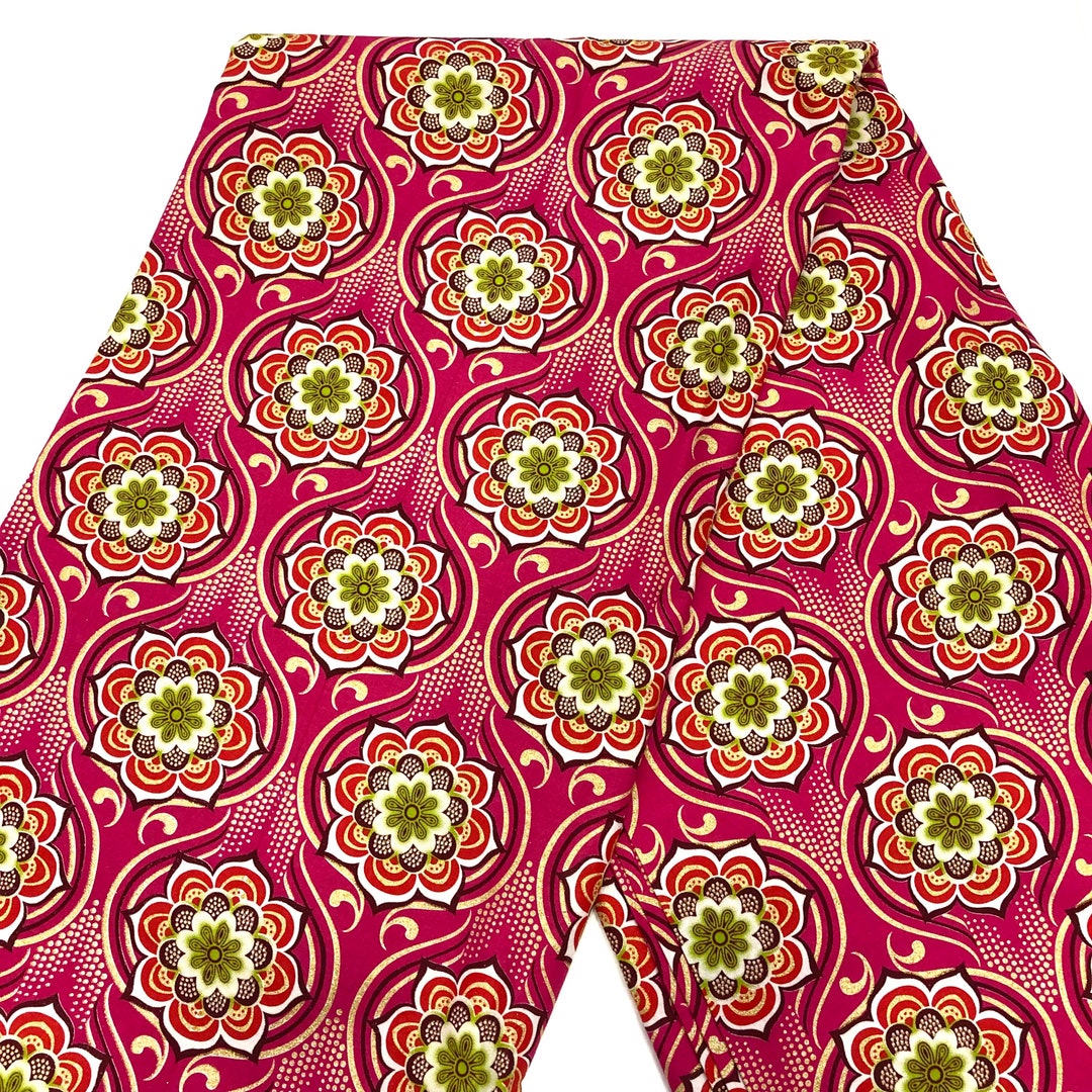 African Print Fabric, Metallic Gold Ankara Fabric, Pink Floral Glitter ...