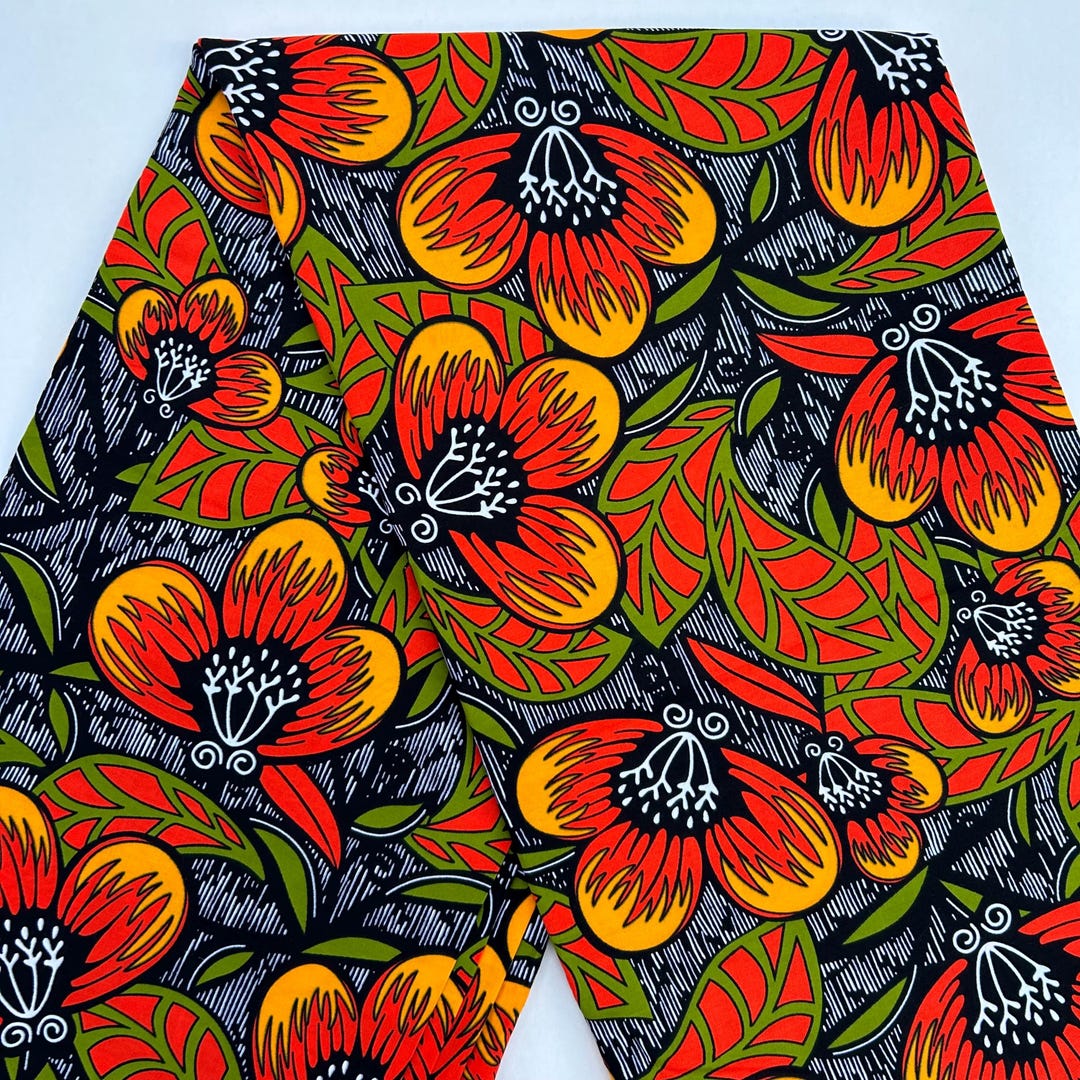 African Print Fabric, Floral Nature Print Fabric, Orange Yellow Black ...