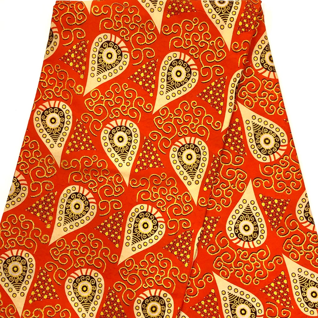African Print Fabric, Gold Glitter Print Fabric, Ankara Fabric, Orange ...