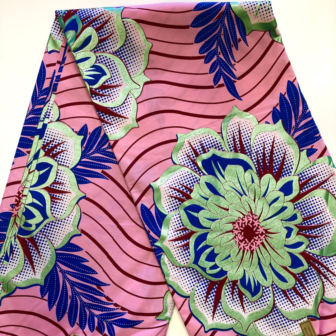 African Print Fabric, Pink Floral Ankara Fabric, Metallic Color Print ...