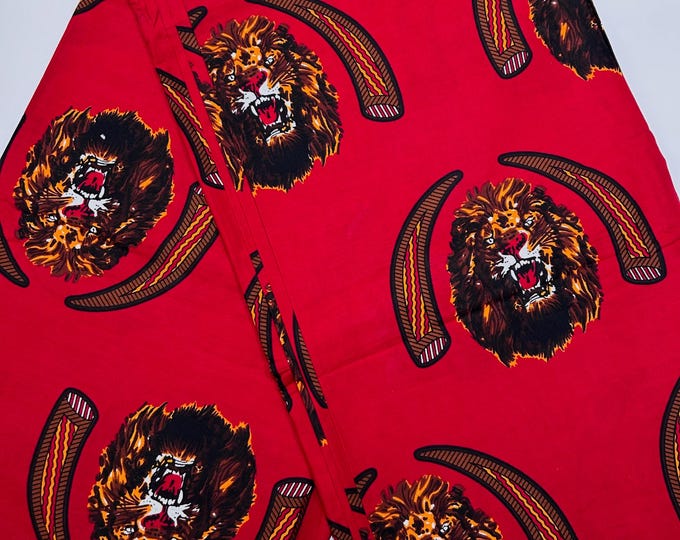 Red African Print Fabric Lion Isiagu Horns Pattern, Royal Ankara Fabric ...