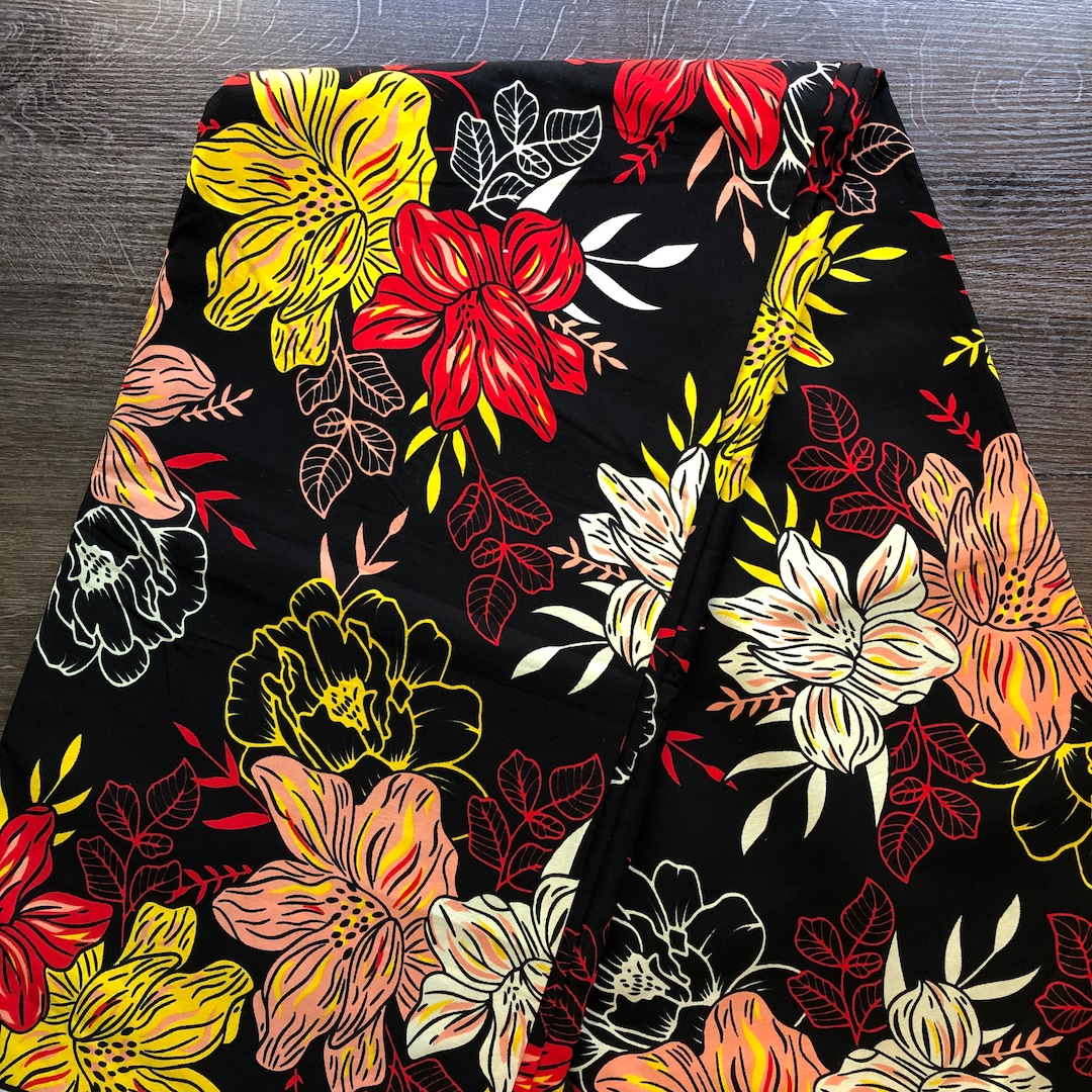Floral African Ankara Print Fabric by the Yard, Black Background Red ...