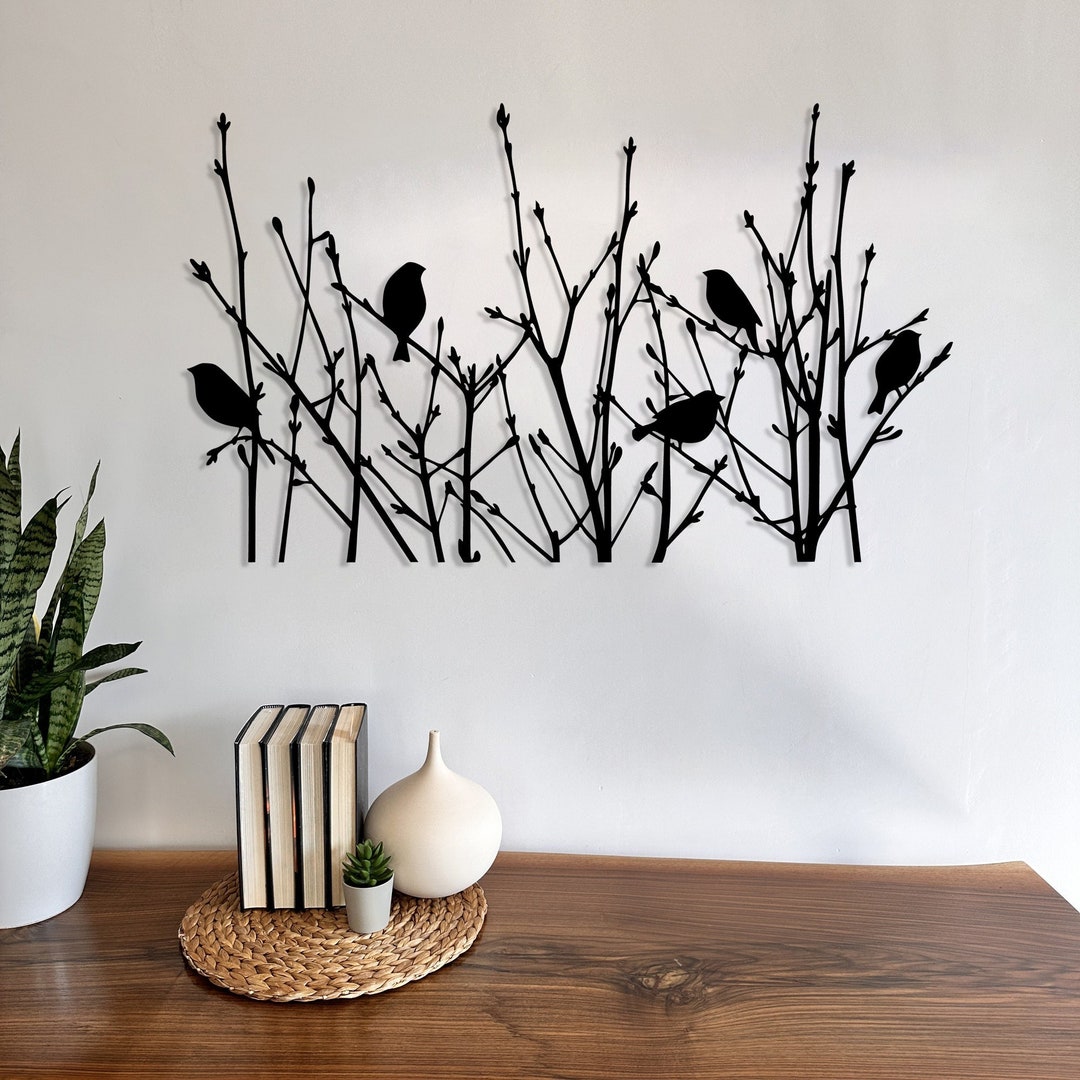 Tree Metal Wall Art, Birds Metal Wall Decor, Birds Perched on Bushes ...