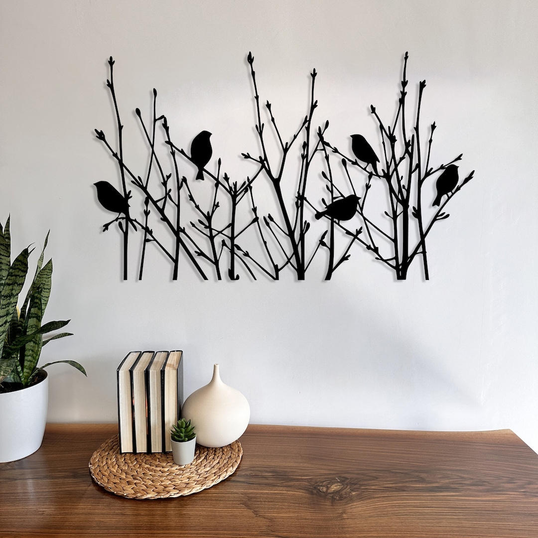 Tree Metal Wall Art, Birds Metal Wall Decor, Birds Perched on Bushes ...