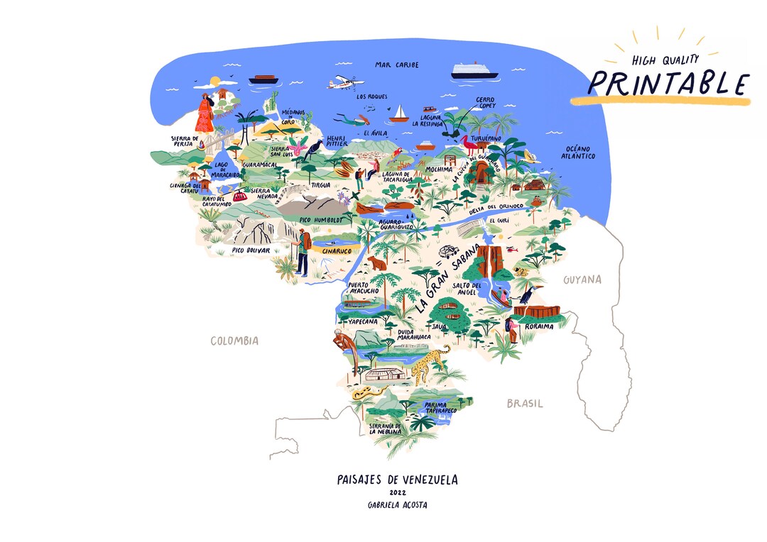 Illustrated Map of Venezuela Landscapes of Venezuela Print Venezuela ...