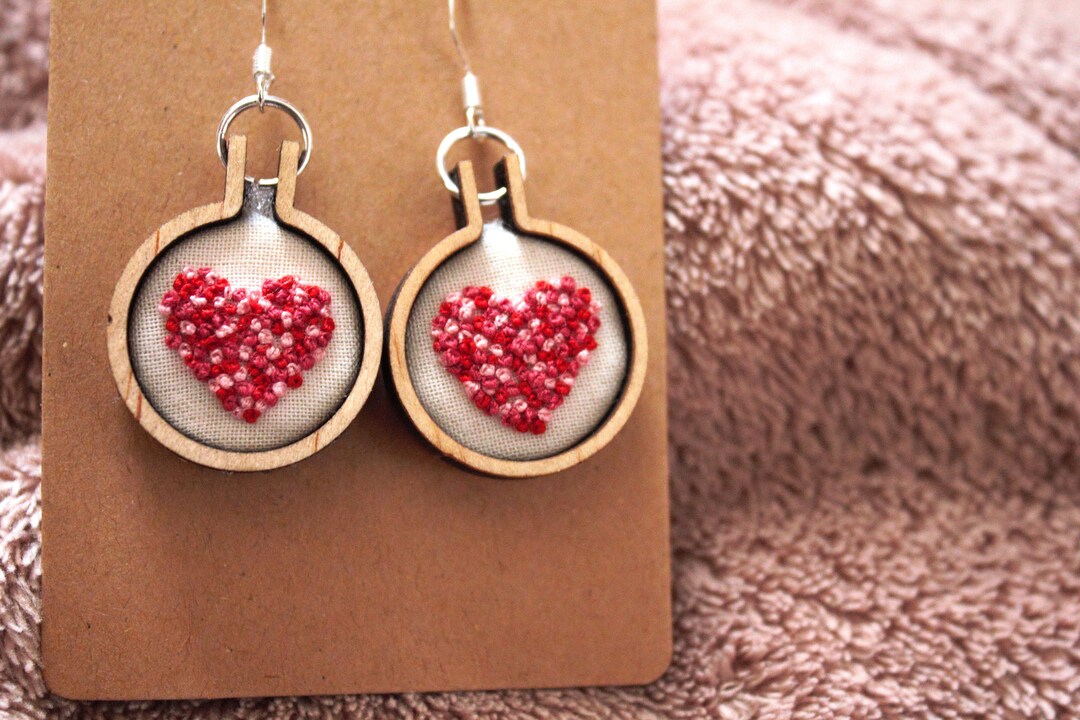 Hand Embroidered Earrings - Fun Heart Earrings for Valentines Day ...