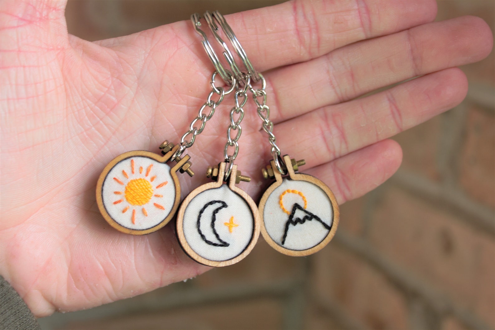 Sun and Moon Keychains Mountain Keyring Mini Embroidery | Etsy