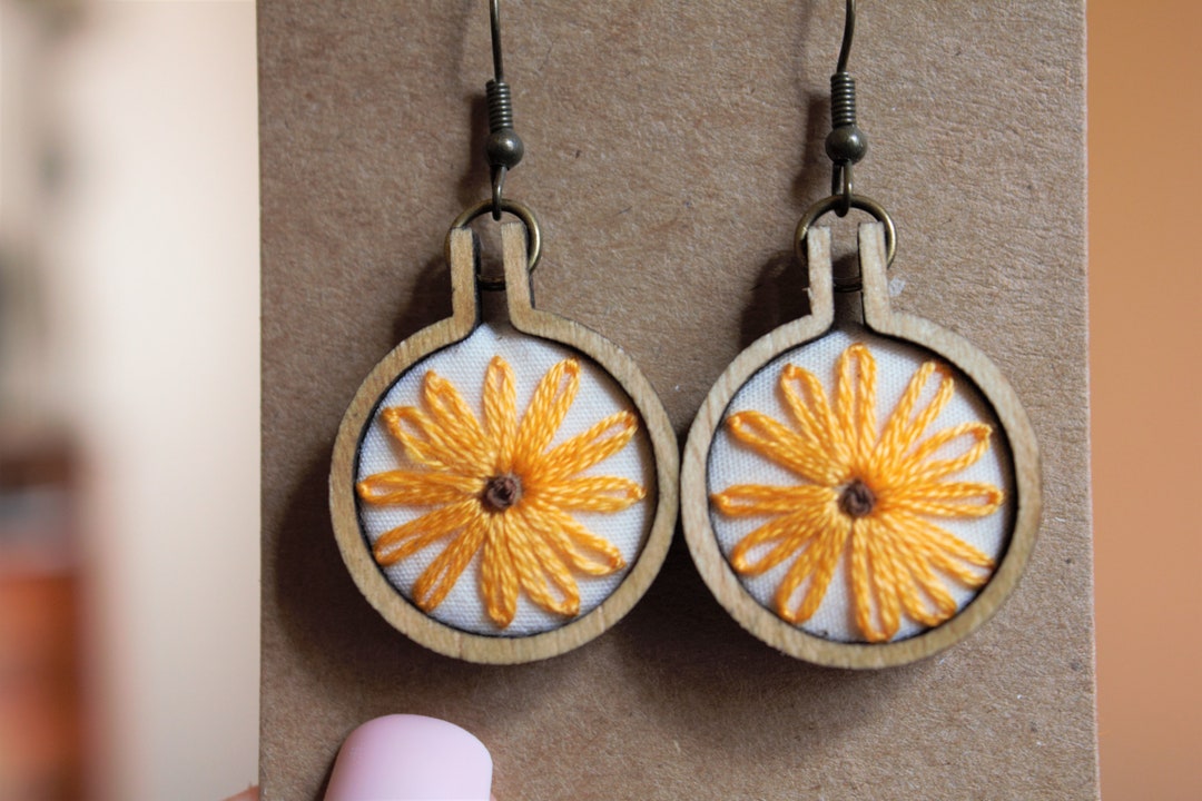 Hand Embroidered Earrings - Cute Floral Embroidery Earrings - Unique ...