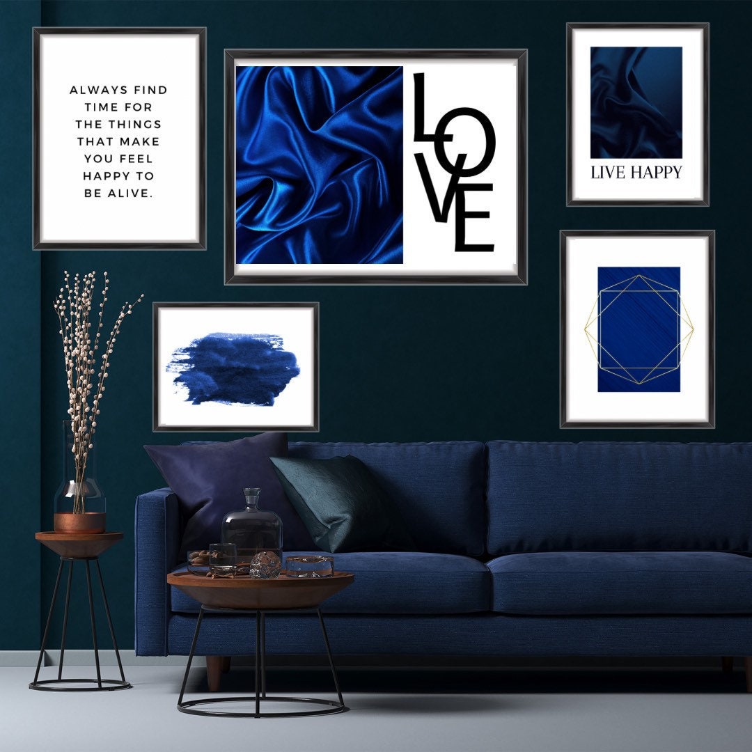 Navy Prints, Navy Wall Art, Set of 5 Gallery Wall Prints, Blue and Gold ...