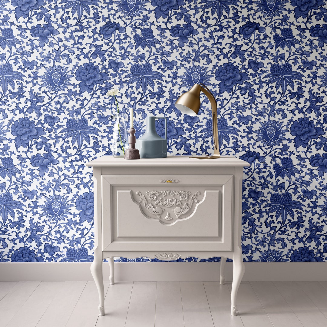 Dollhouse Wallpaper Navy Blue Chintz Floral Miniature; Peel and Stick ...