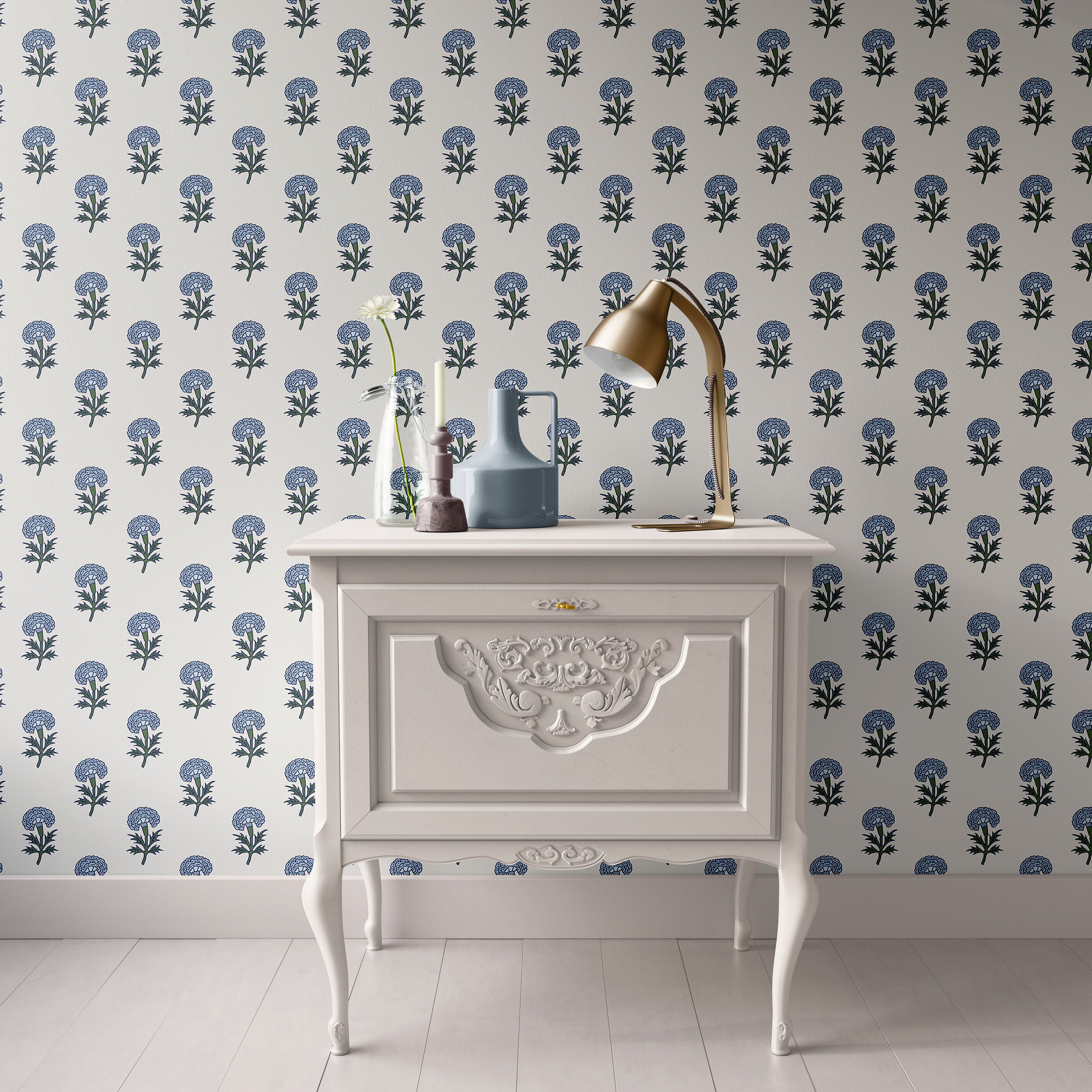 Dollhouse Wallpaper Blue Block Print Floral Small Print - Etsy