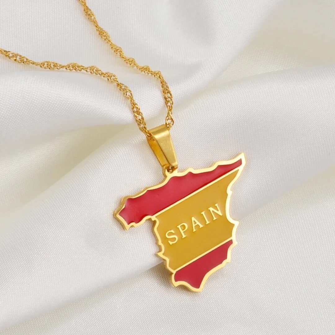 Spain 18K Gold-plated Map With Flag Necklace /charmed Jewelry Gift ...