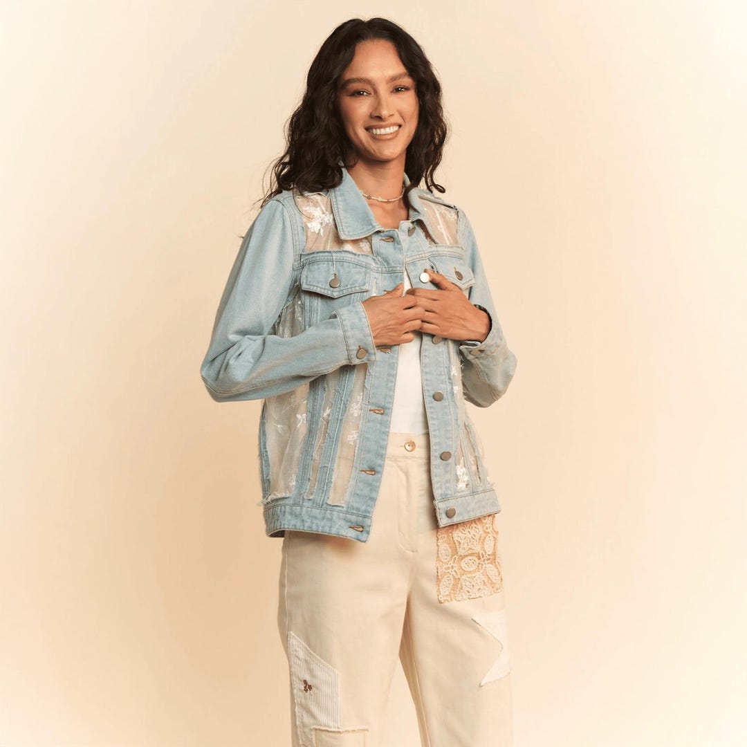Light Wash Denim Jacket With Sheer Mesh Lace Inserts and Raw Edge ...