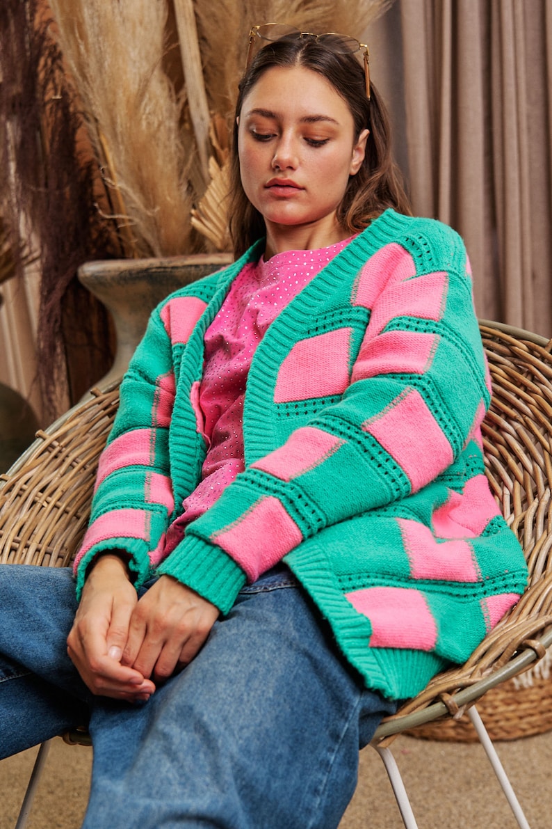 Pink and Green Cardigan, Women Oversized Check Cardigan, Checkered Knit ...
