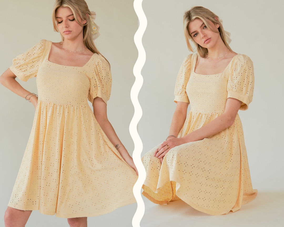 Sunshine Yellow Eyelet Sundress, Summer Picnic Midi Dress, Romantic ...