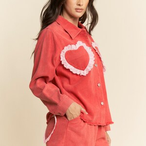 Heart Patch Denim Jacket With Lace Trim – Red Button-up Valentine Shirt ...