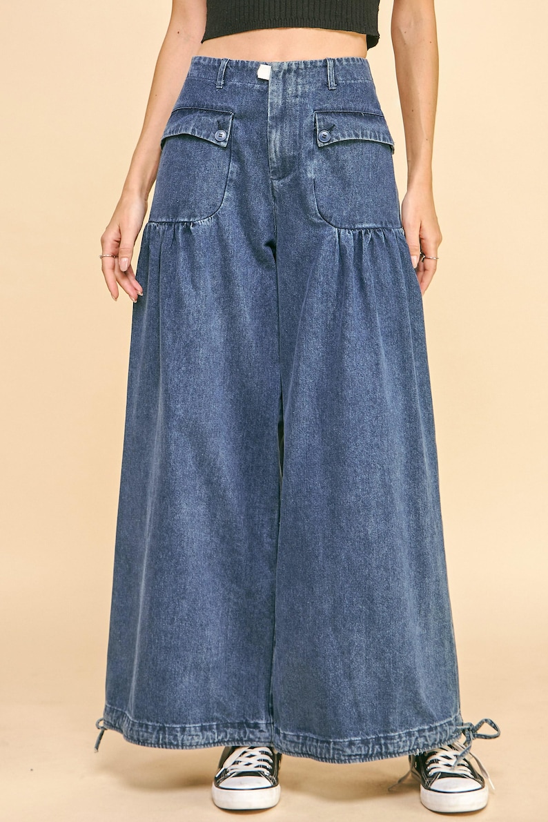 Wide-leg Denim Cargo Pants - Adjustable Drawstring Hem, Size Small - Etsy