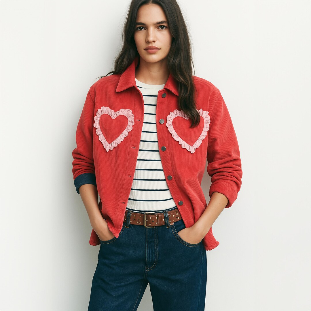 Heart Patch Denim Jacket With Lace Trim – Red Button-up Valentine Shirt ...