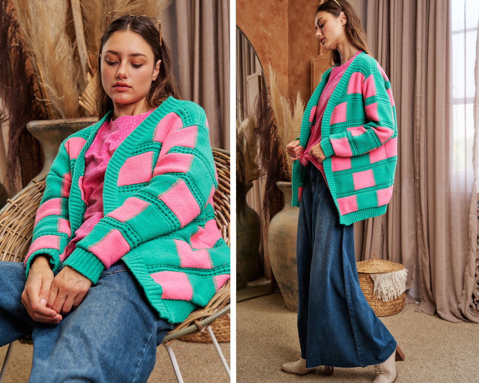 Pink and Green Cardigan, Women Oversized Check Cardigan, Checkered Knit ...