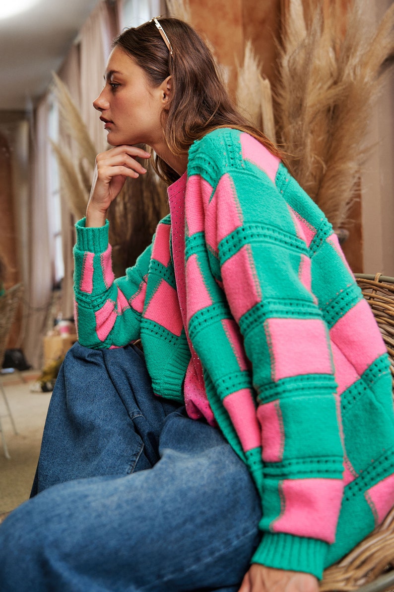 Pink and Green Cardigan, Women Oversized Check Cardigan, Checkered Knit ...