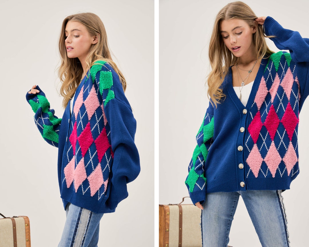 Retro Style Blue Argyle Cardigan Sweater Women's Vintage - Etsy