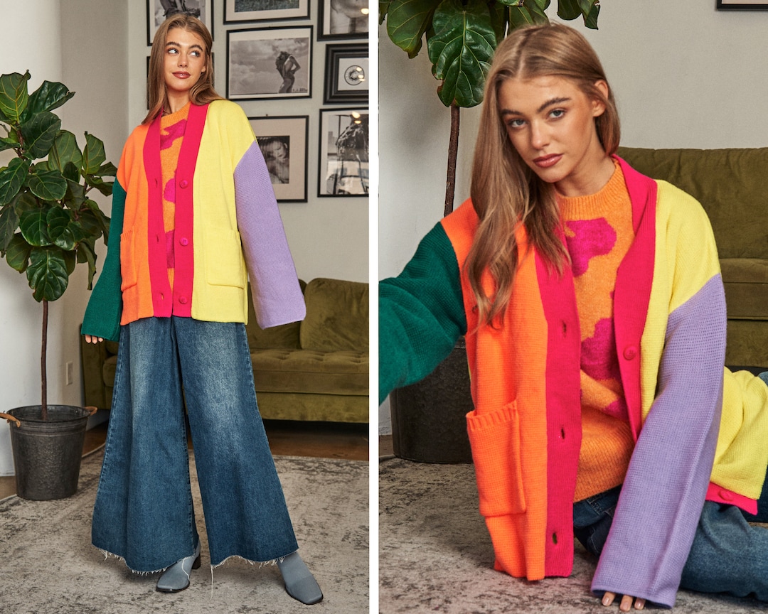 Multi Color Cardigan, Colorblock Knitted Chunky Cardigan, Patchwork ...