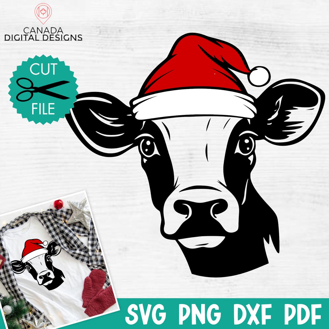 Cow Santa Hat Svg File, Christmas Animals Svg, Cow With Hat Svg ...
