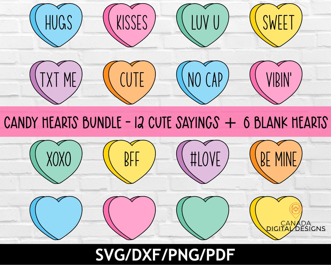 Cute Valentine Candy Hearts Svg Bundle, Conversation Hearts Svg, Kids ...