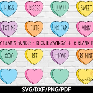 Cute Valentine Candy Hearts Svg Bundle, Conversation Hearts Svg, Kids ...