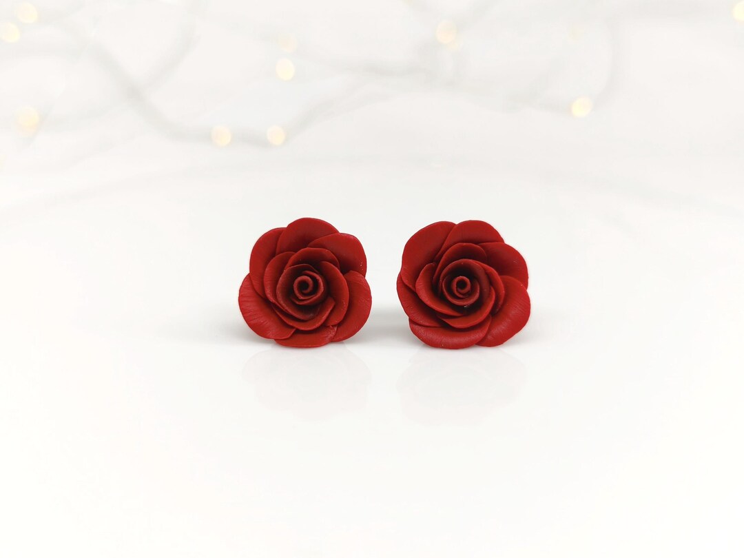 Dark Red Rose Polymer Clay Stud Earrings, Sterling Silver Posts (1.5 Cm ...