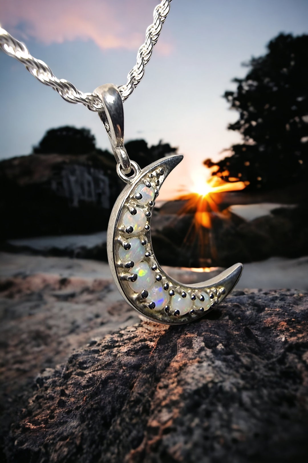 Elegant Australian Crystal Opal Moon Pendant White Opals on Diamond-cut Sterling Silver Chain ...