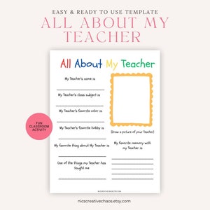 All About My Teacher Page, Classroom Printable Template, Kids Activity ...